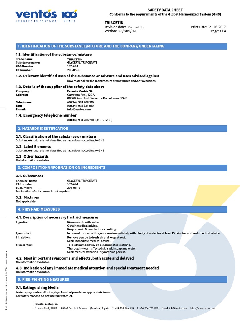 MSDS TRIACETIN | Personal Protective Equipment | Toxicity