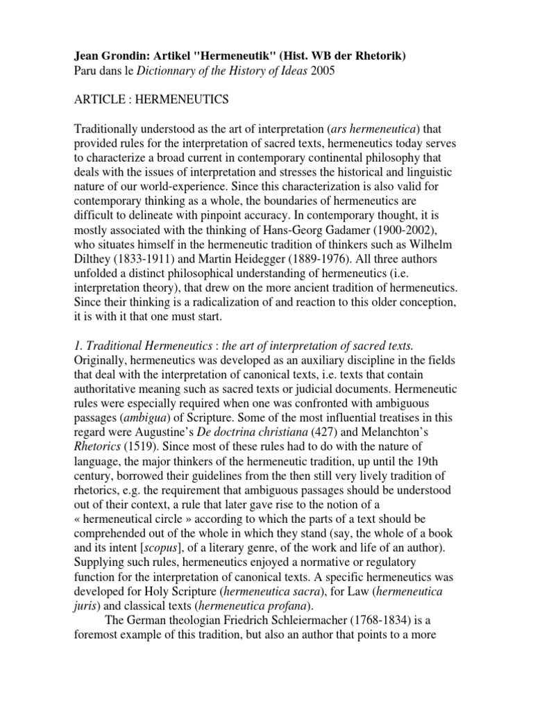 Jean Grondin - Article - Hermeneutics PDF | Download Free PDF ...