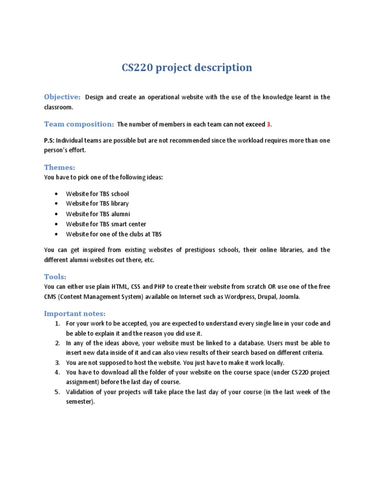 CS220 Project Description: Objective: Team Composition | PDF