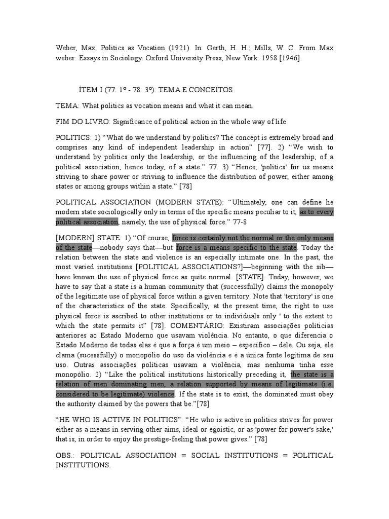 Weber, Max. Politics As Vocation (1921) - in Gerth, H. H. Mills, W. C ...
