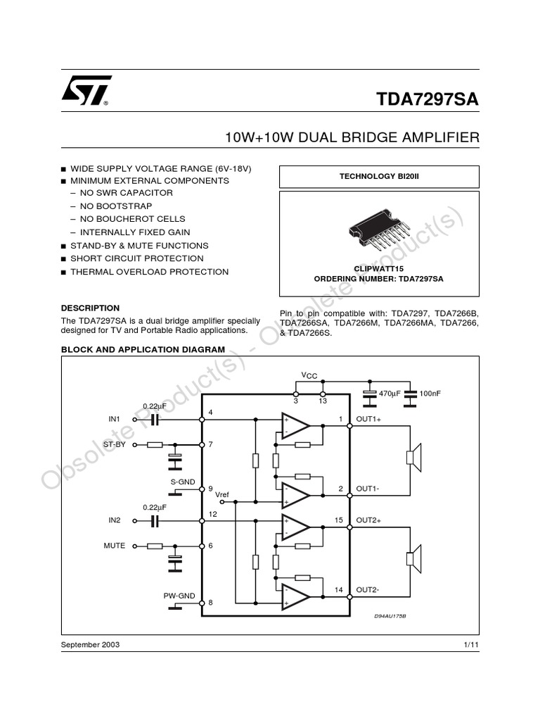 TDA7297SA datasheet | Amplifier | Electricity