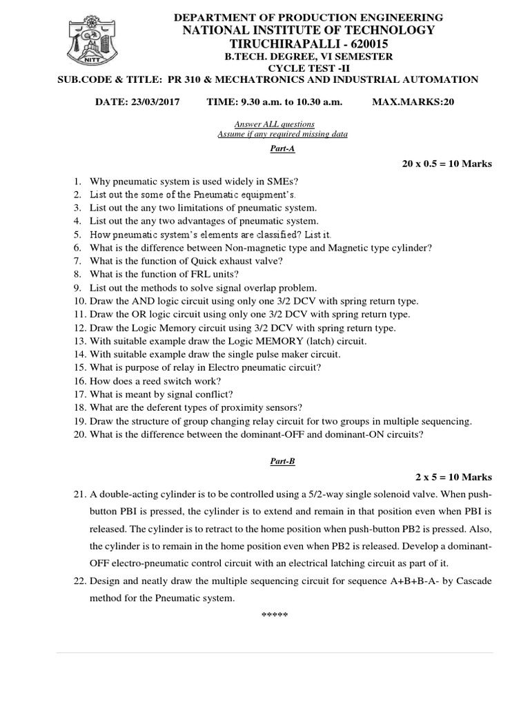 Mechatronics and Industrial Automation Question Paper | PDF ...