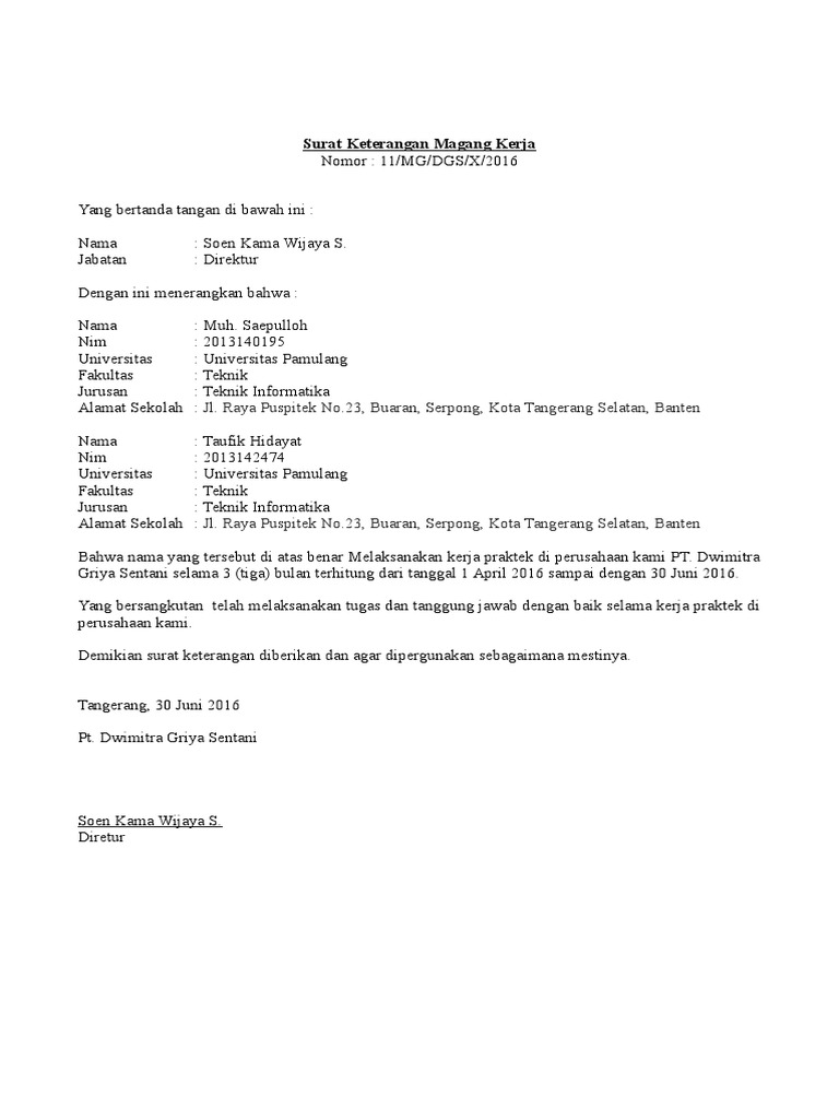 Surat Keterangan Magang Kerja | PDF