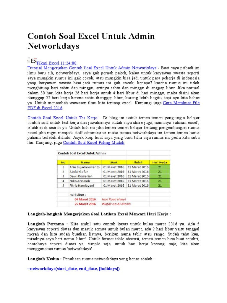 Contoh Soal Excel Untuk Admin Networkdays | PDF