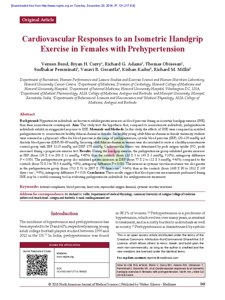 Cardiovascular Responses to an Isometric Handgrip Exercise in Females ...