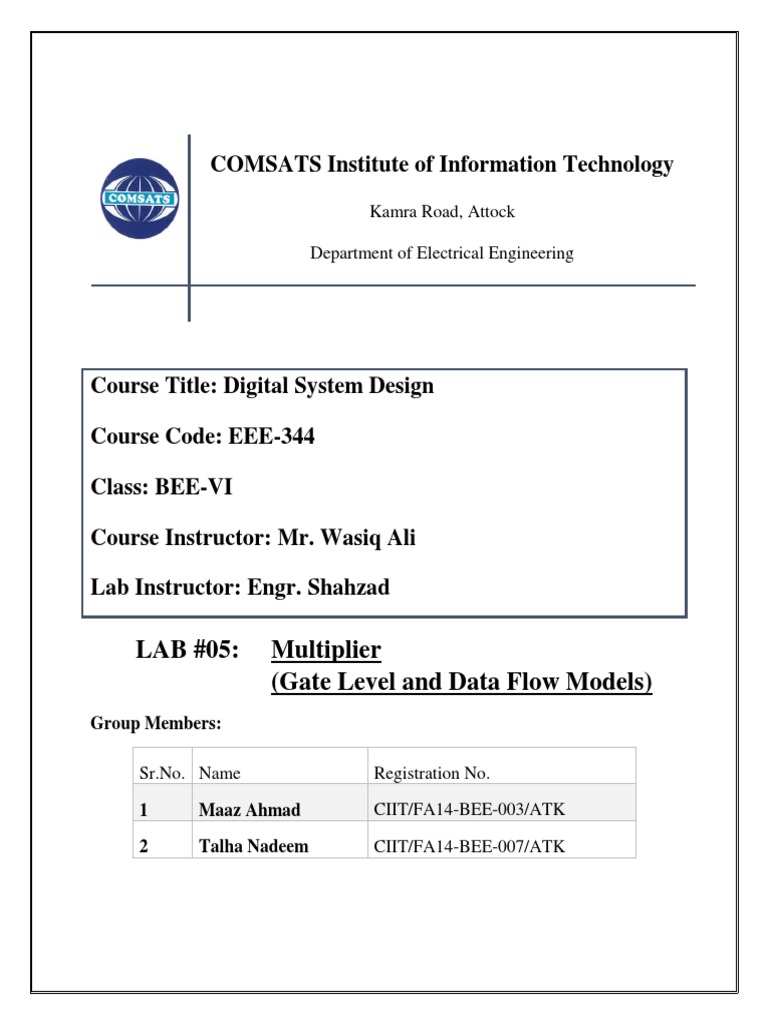 COMSATS Institute of Information Technology: LAB #05: Multiplier (Gate ...