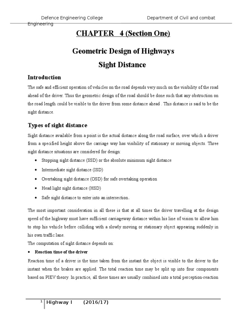 Chapter - 4-Geometric Design of Highways Sight Distance (Part 1) | PDF ...