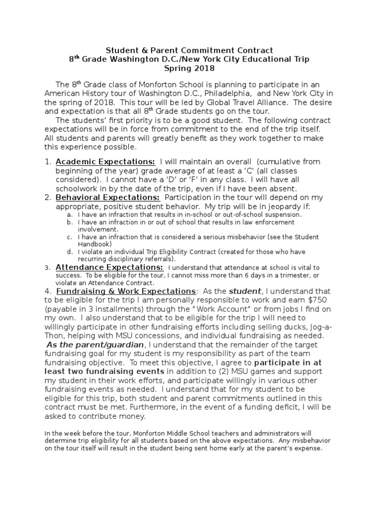 Student & Parent Commitment Contract 8 Grade Washington D.C./New York ...