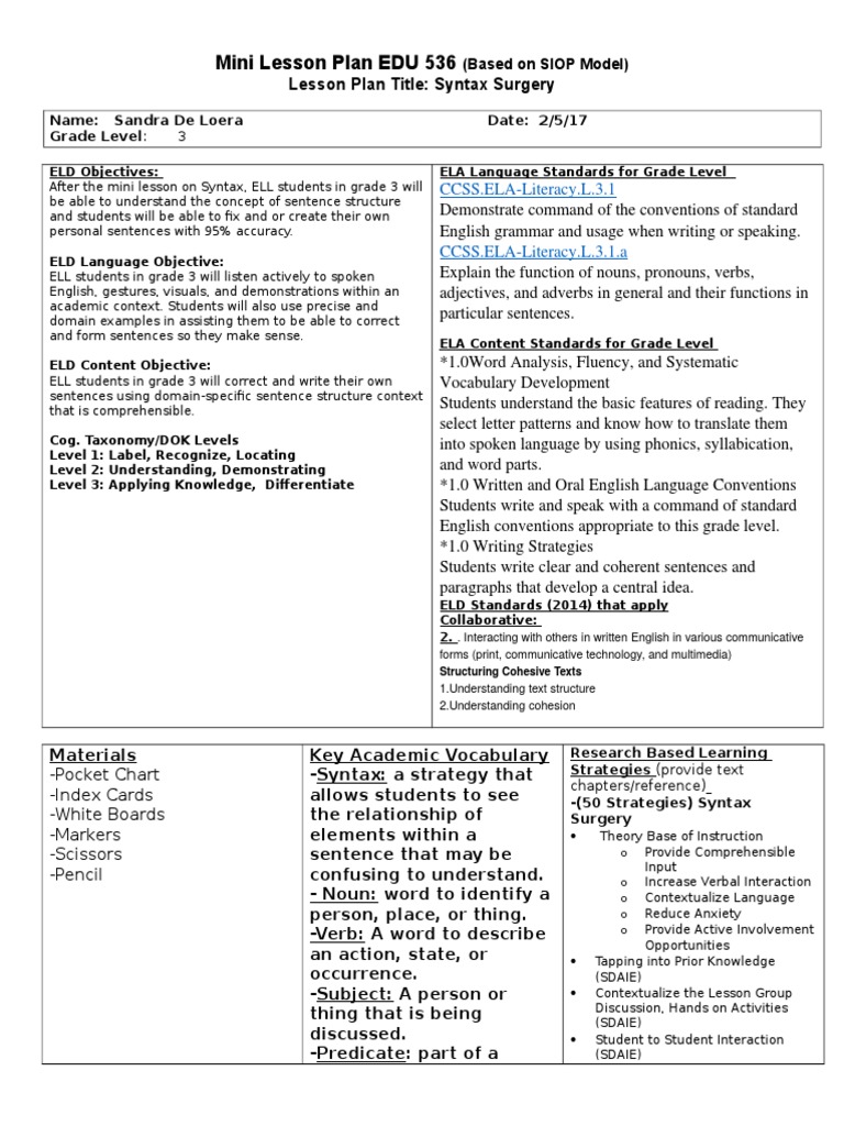 Mini Lesson Plan 1 Syntax Surgery | Reading Comprehension | Human ...