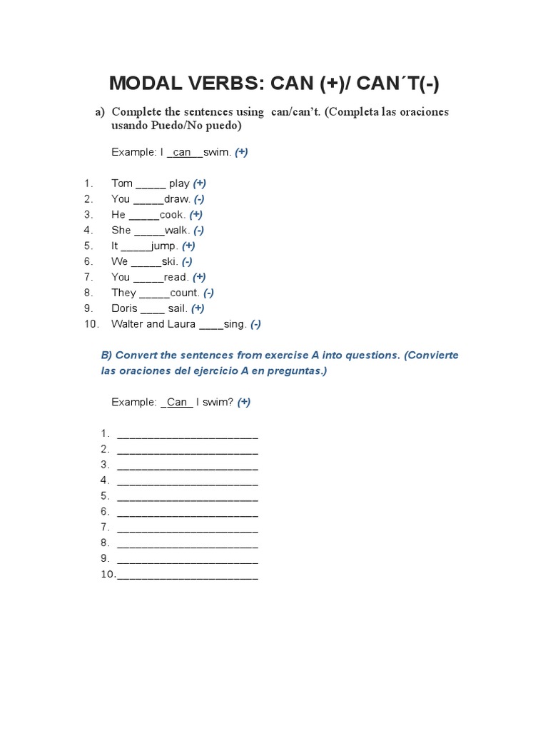 Modal Verbs: Can (+) / Can T (-) | PDF