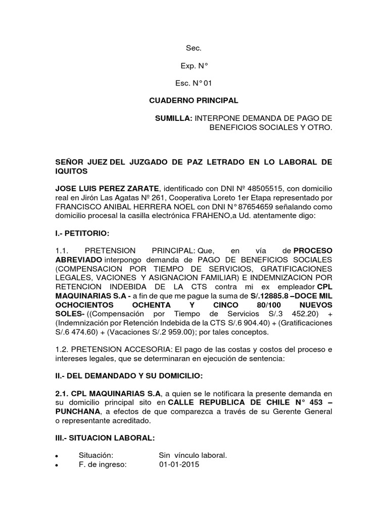 Demanda de Beneficios Sociales | PDF | Derecho laboral | Salario