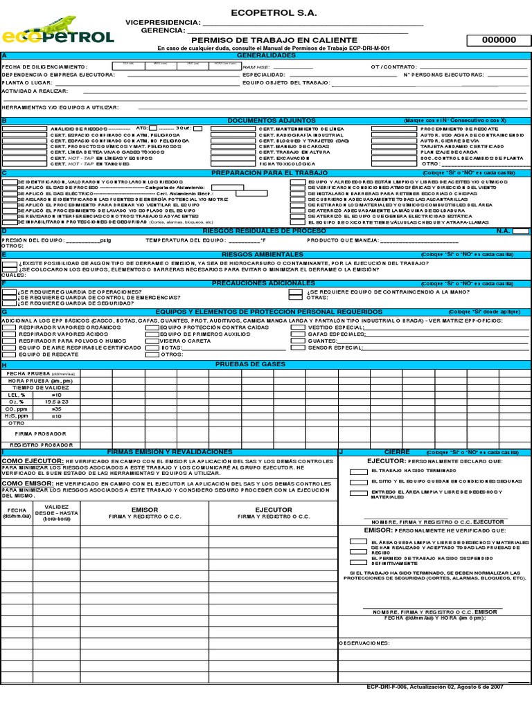 56028634-Permiso-Trabajo-Caliente-Ecopetrol.pdf | Soldadura | Contaminación