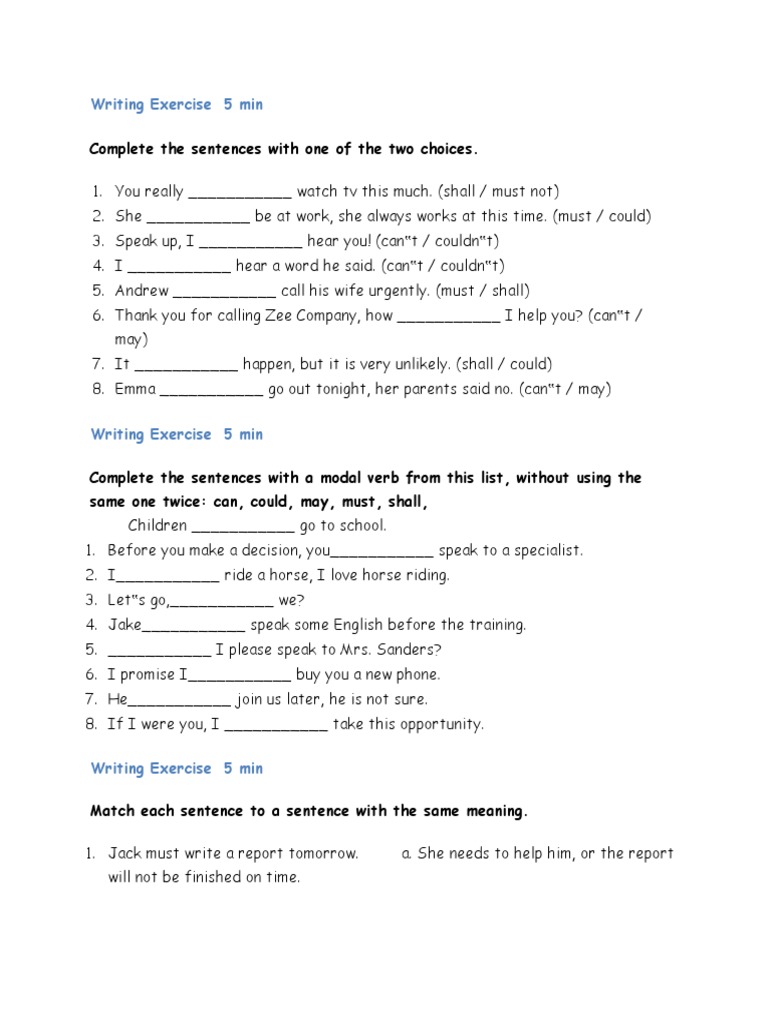 Modal Verb Writing Exercise | PDF | Language Arts & Discipline