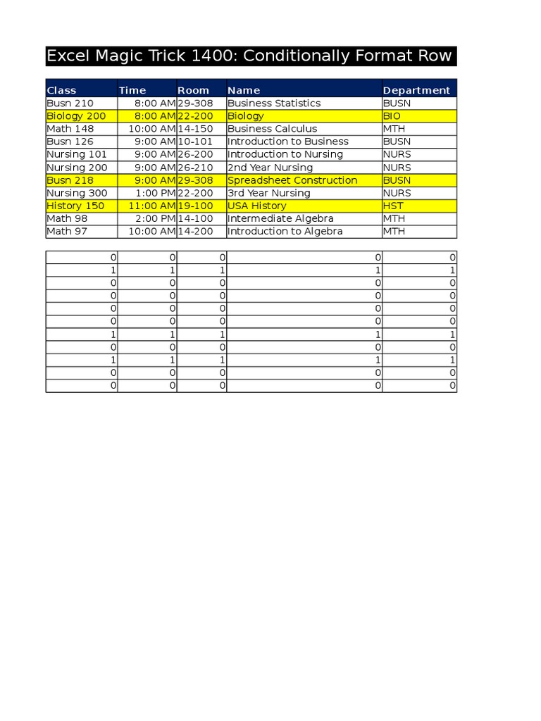 Excel Magic Trick 1400: Conditionally Format Row in Class Enrollment Table W Complex Criteria ...