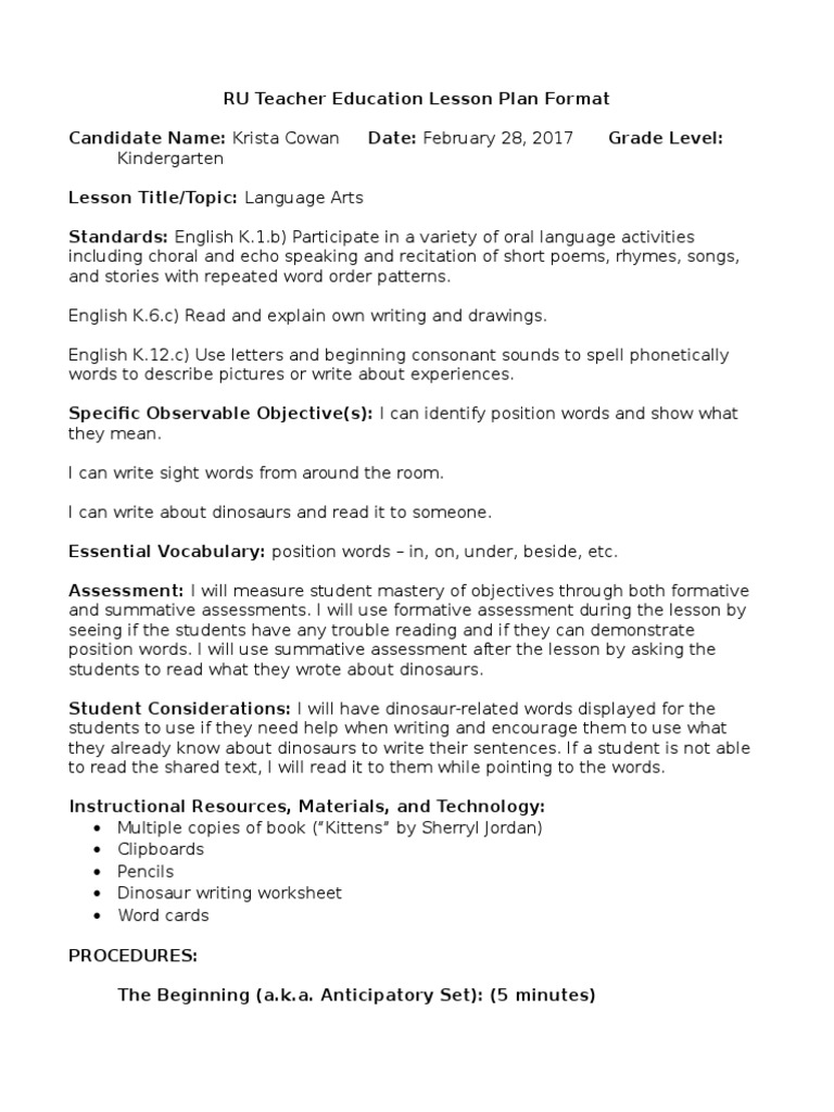 Kindergarten Language Arts Lesson Plan | PDF | Educational Assessment ...