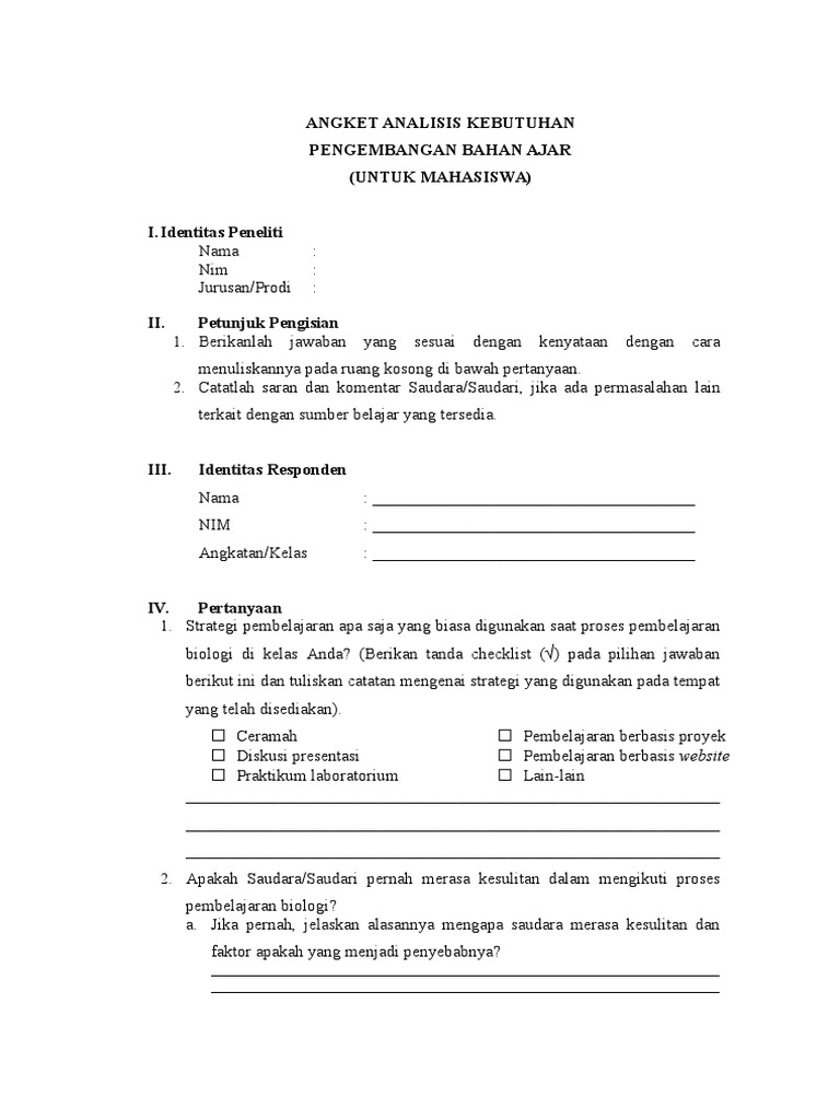 Angket Analisis Kebutuhan Siswa | PDF