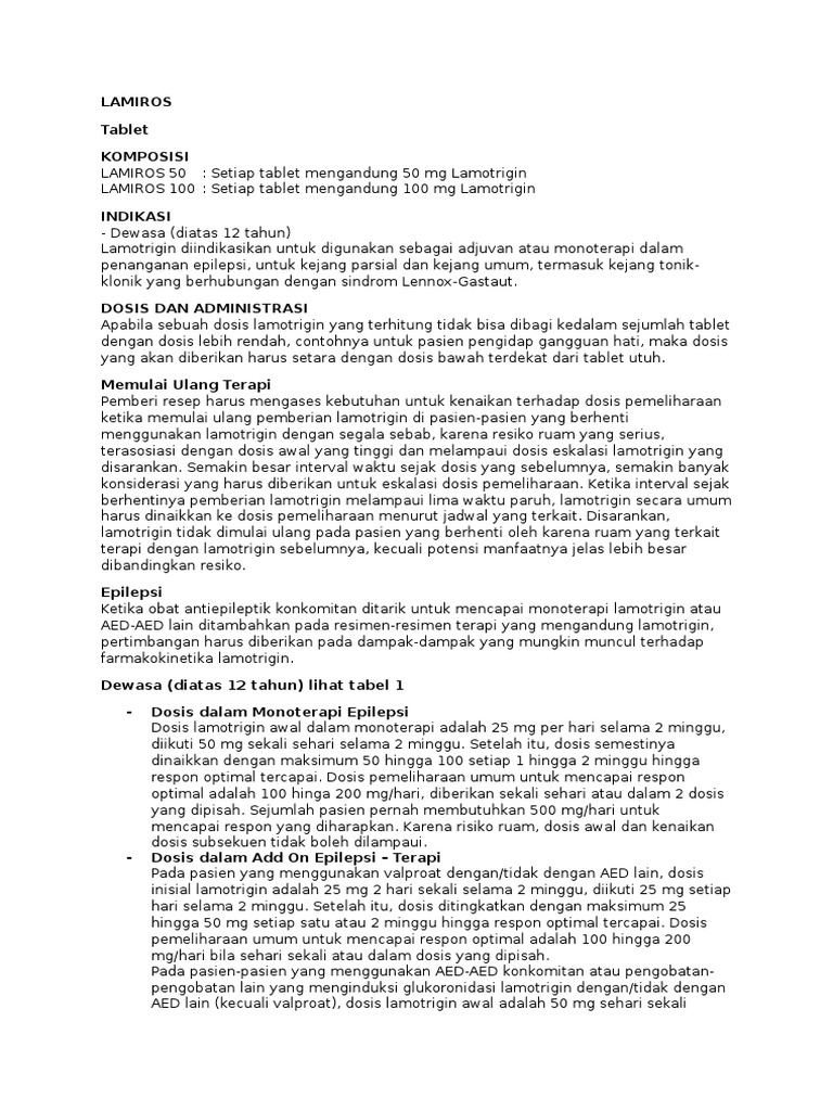 Dosis dan Indikasi Lamiros (Lamotrigin) | PDF