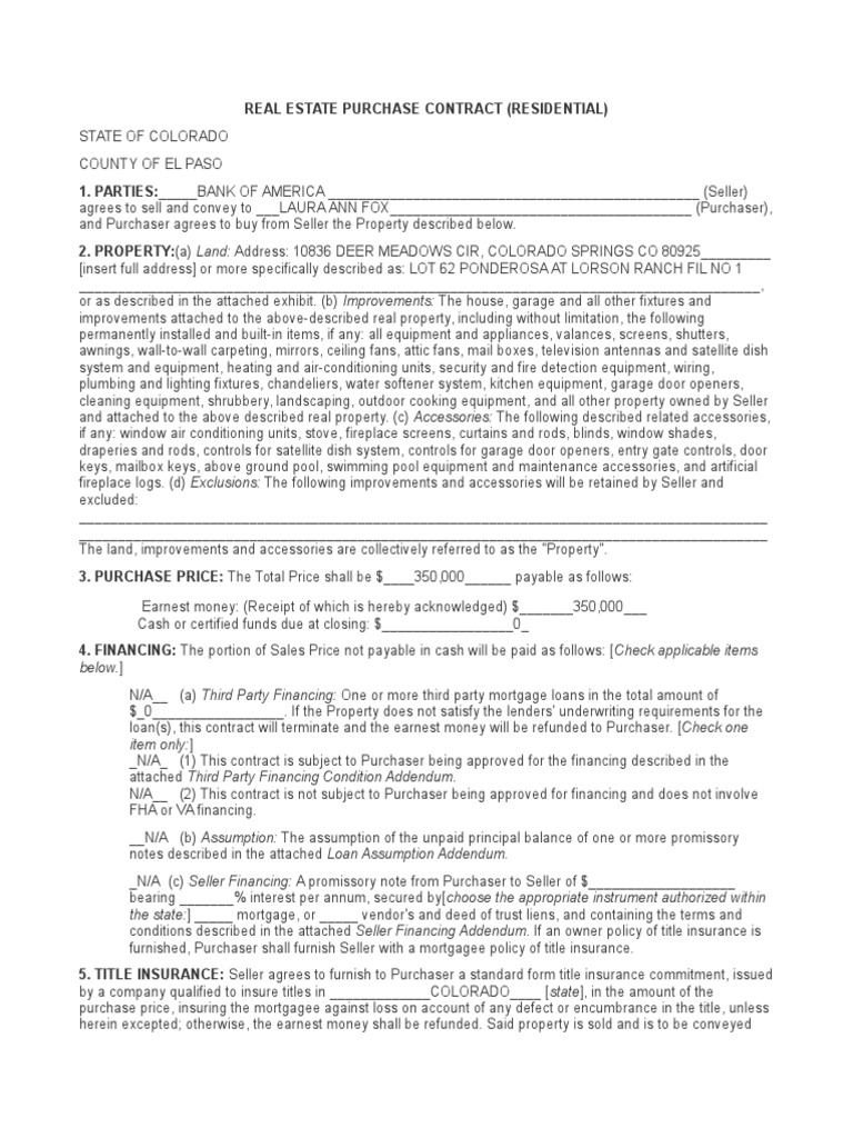 Real Estate Purchase Agreement | PDF | Title Insurance | Mortgage Law