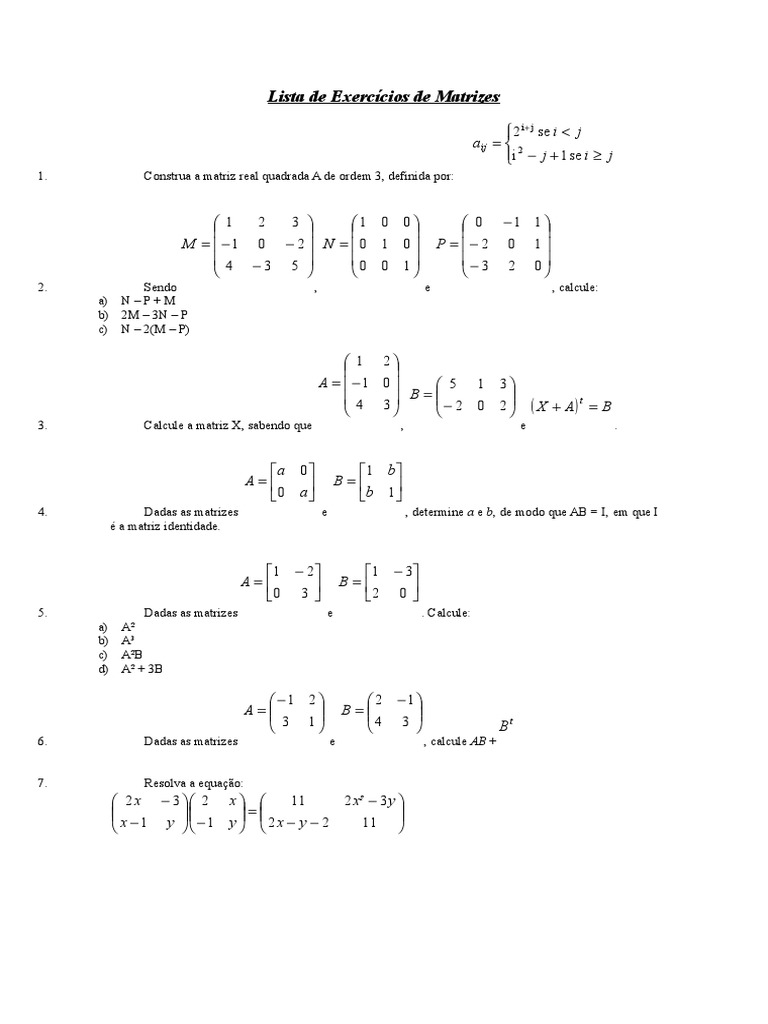 Lista de Exercícios de Matrizes | PDF | Matriz (Matemática) | Funções e ...
