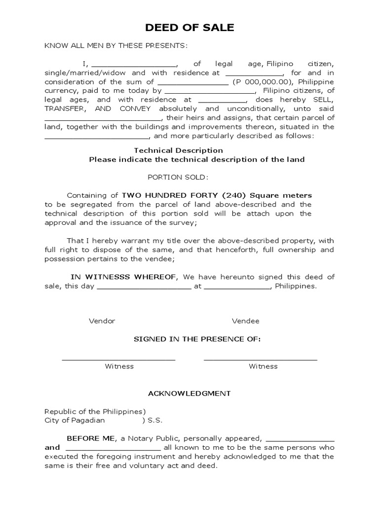 Deed of Sale of A Portion of Land Sample | PDF