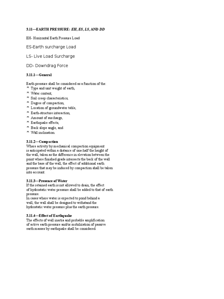 ES-Earth Surcharge Load LS-Live Load Surcharge DD - Downdrag Force | PDF