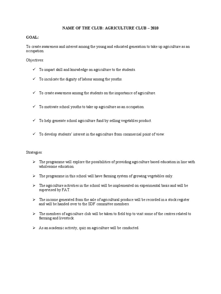 Agriculture Club Action Plan | PDF | Food Industry | Agriculture