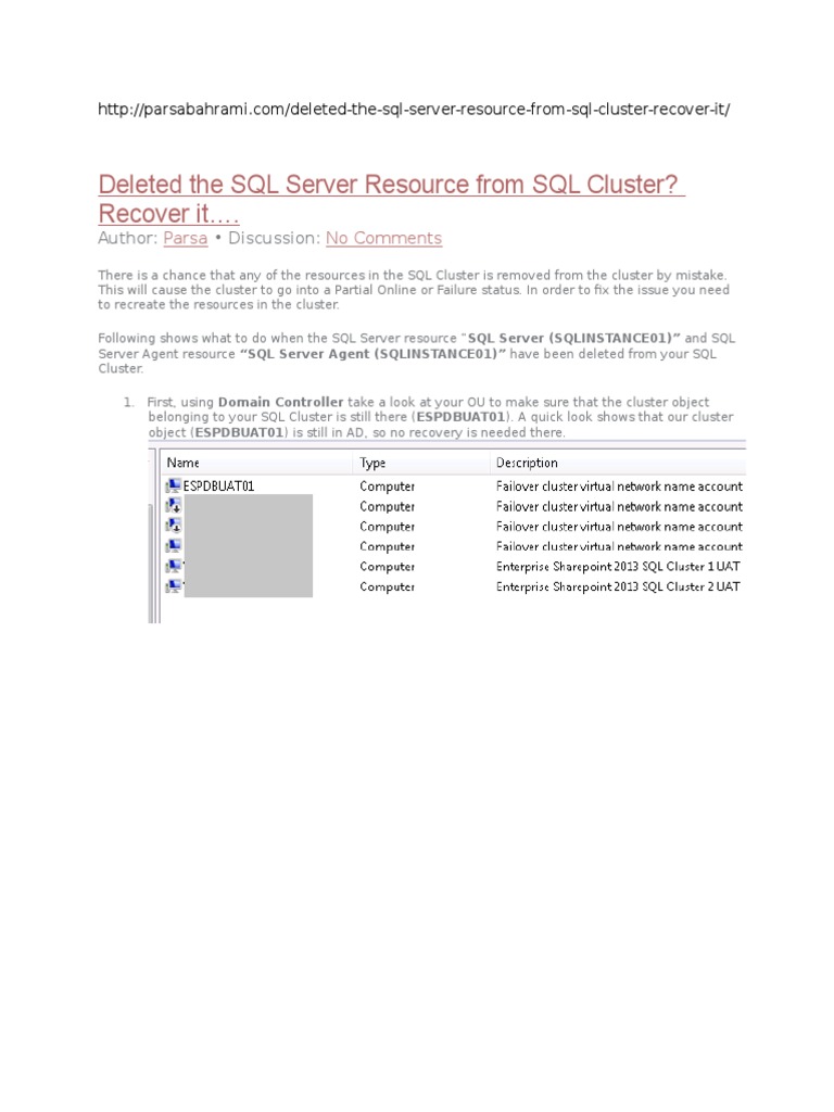 Cluster Resouce Drop and Recreate | PDF | Microsoft Sql Server ...