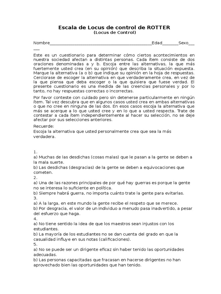 Escala de Locus de Control de Rotter | Descargar gratis PDF | Certeza ...