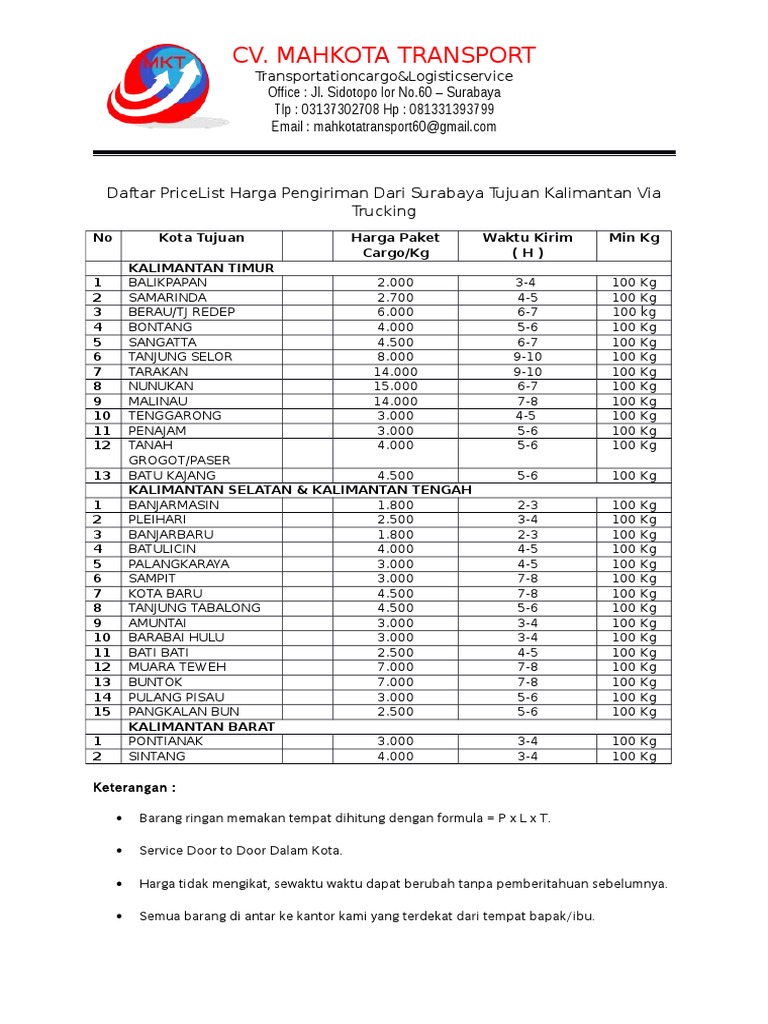 Daftar Harga Pengiriman Mahkota Transport | PDF