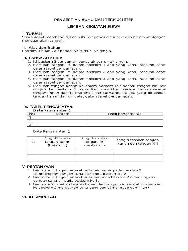 LKS Pengertian Suhu Dan Termometer | PDF