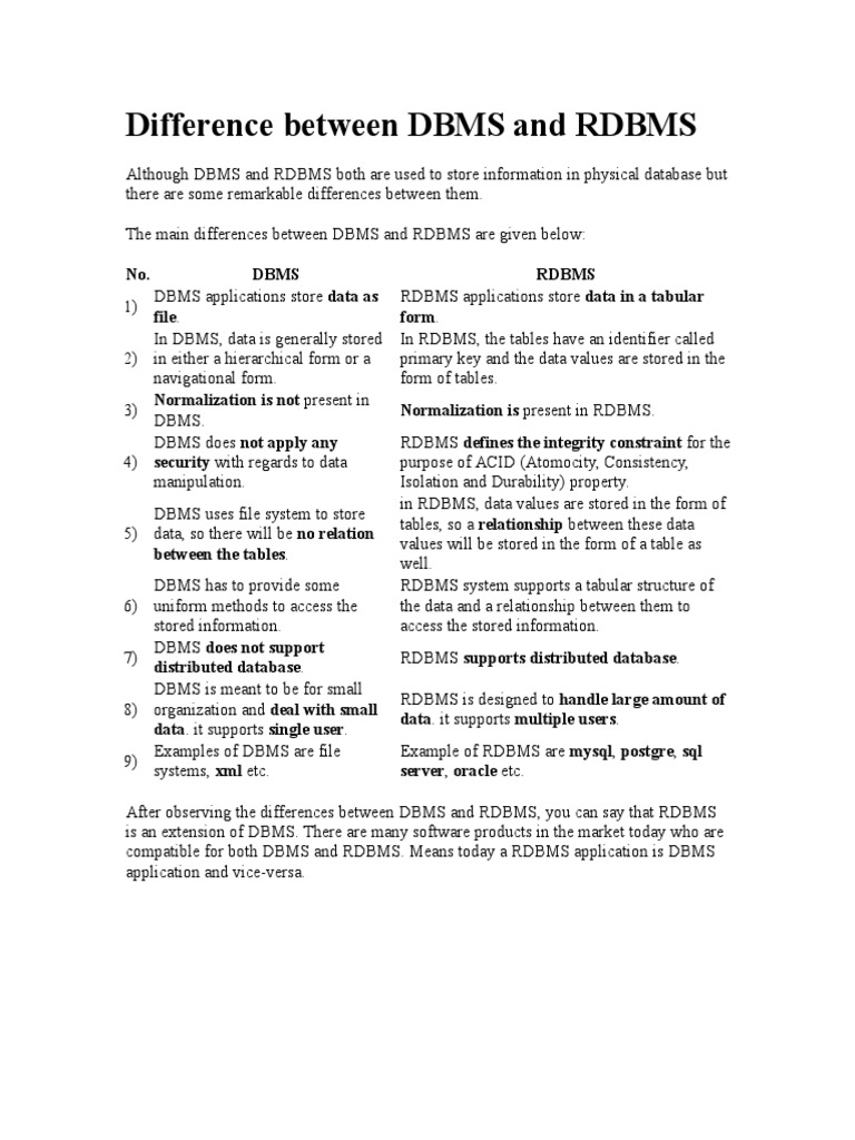 Difference Between Dbms And Rdbms Pdf Relational Database Databases