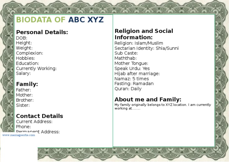 Biodata For Marriage - Muslim Format | PDF