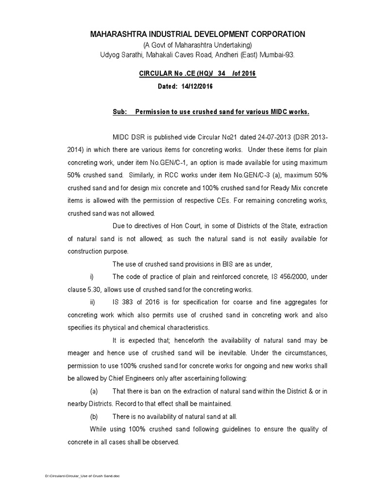 MIDC Circular on Use of Crushed Sand | PDF | Concrete | Materials