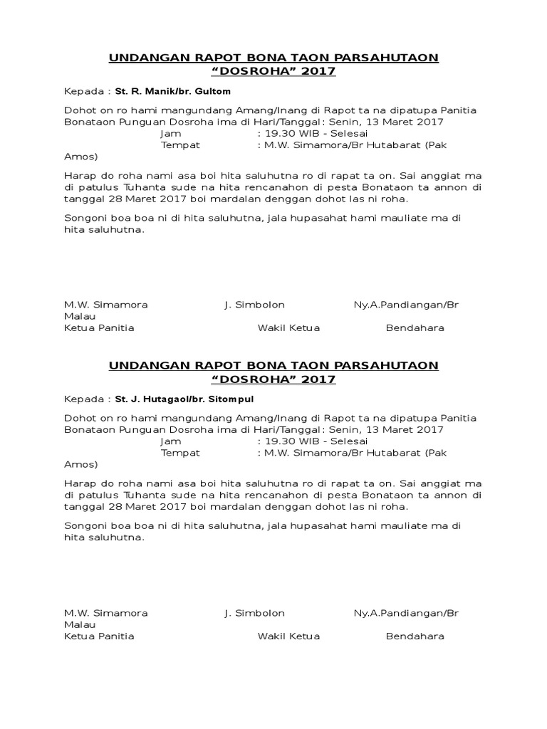 Undangan Rapot Bona Taon 2017 | PDF | Seni & Disiplin Bahasa