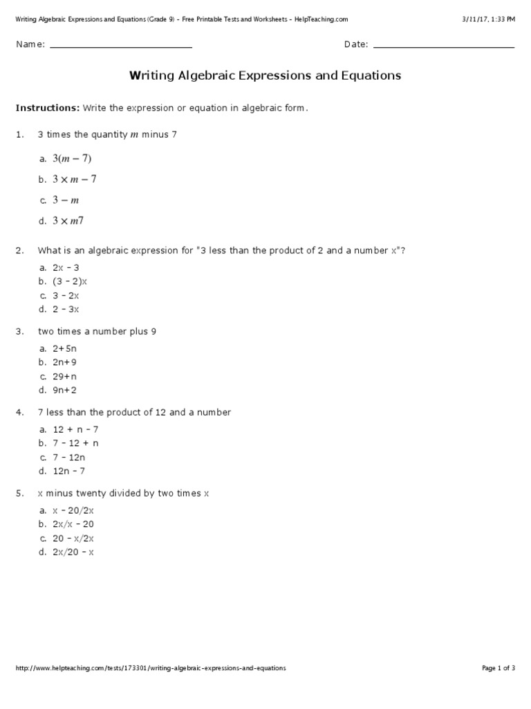 Writing Algebraic Expressions and Equations (Grade 9) | Download Free ...