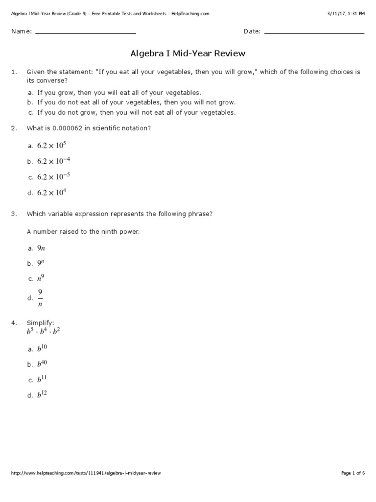 Grade 9 Algebra Mid-Year Review | PDF | Logical Truth | Equations