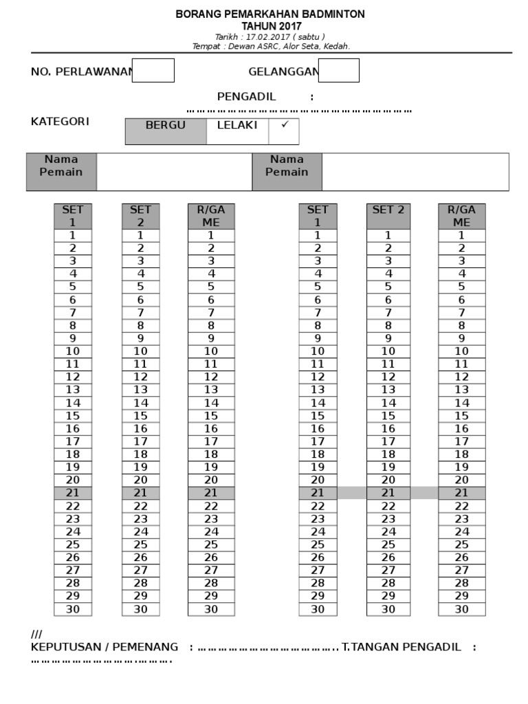 Borang Kiraan Mata Badminton | PDF