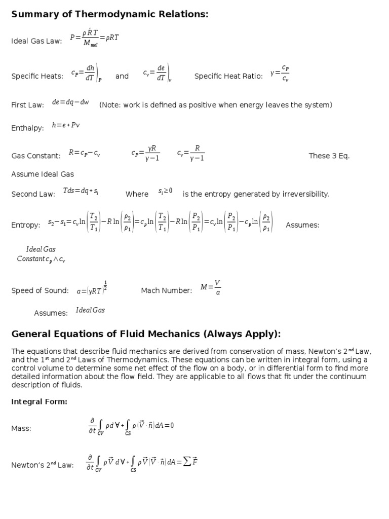 Comprehensive Summary of Fundamental Thermodynamic and Fluid Mechanics ...