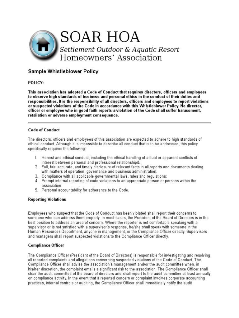 Sample Whistle Blower Policy (1) | Whistleblower | Board Of Directors