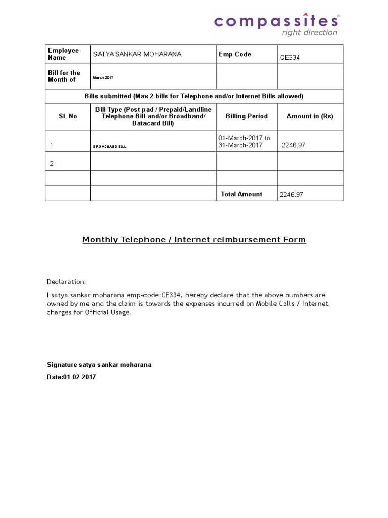 Satya Sankar Moharana CE334: Monthly Telephone / Internet Reimbursement ...
