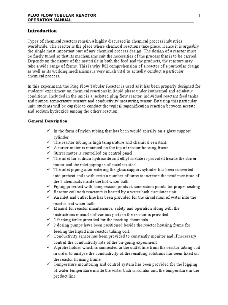 Plug Flow Tubular Reactor Manual | PDF | Chemical Reactor | Stoichiometry