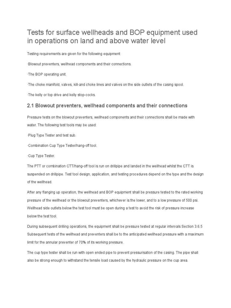Tests For Surface Wellheads and BOP Equipment Used in Operations On ...
