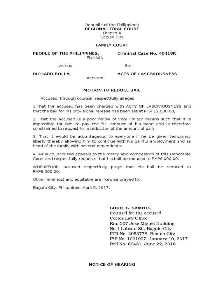 Motion To Reduce Bail | PDF | Bail | Prosecutor