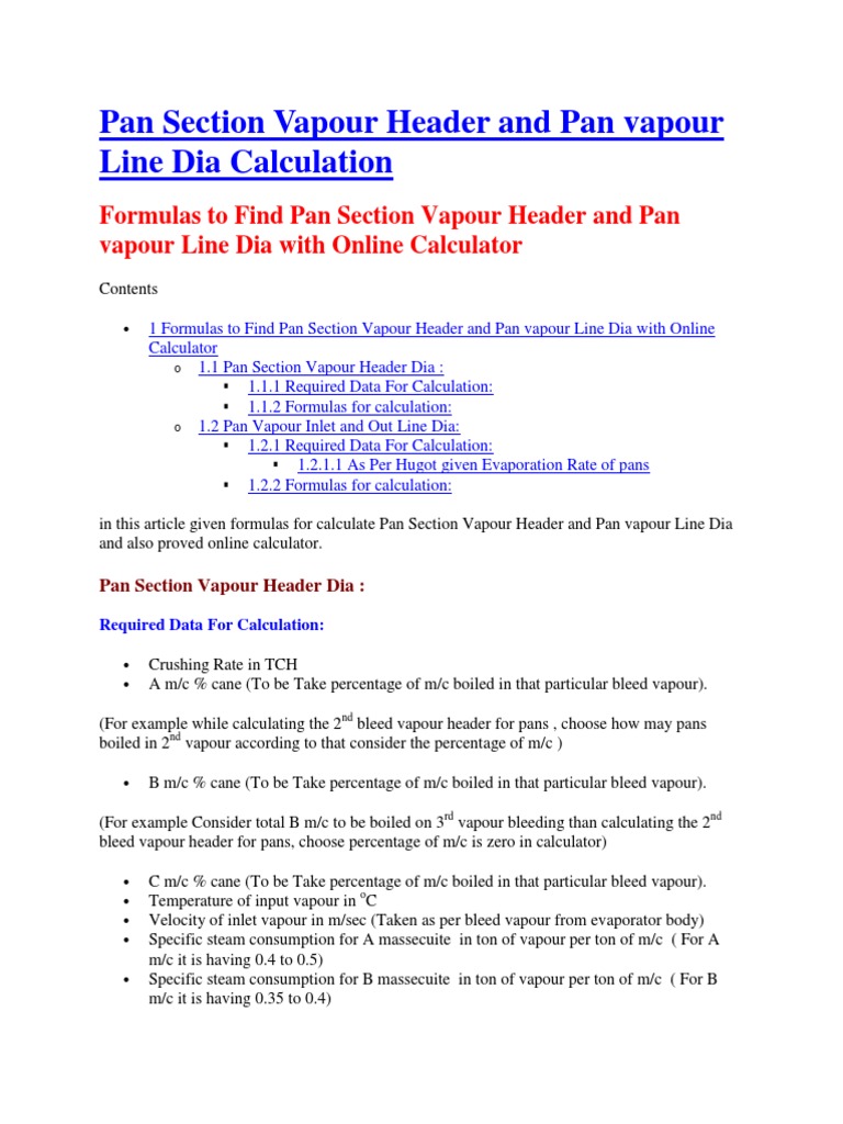 Pan Vapour Line Diameter Calculations | PDF | Steam | Boiling