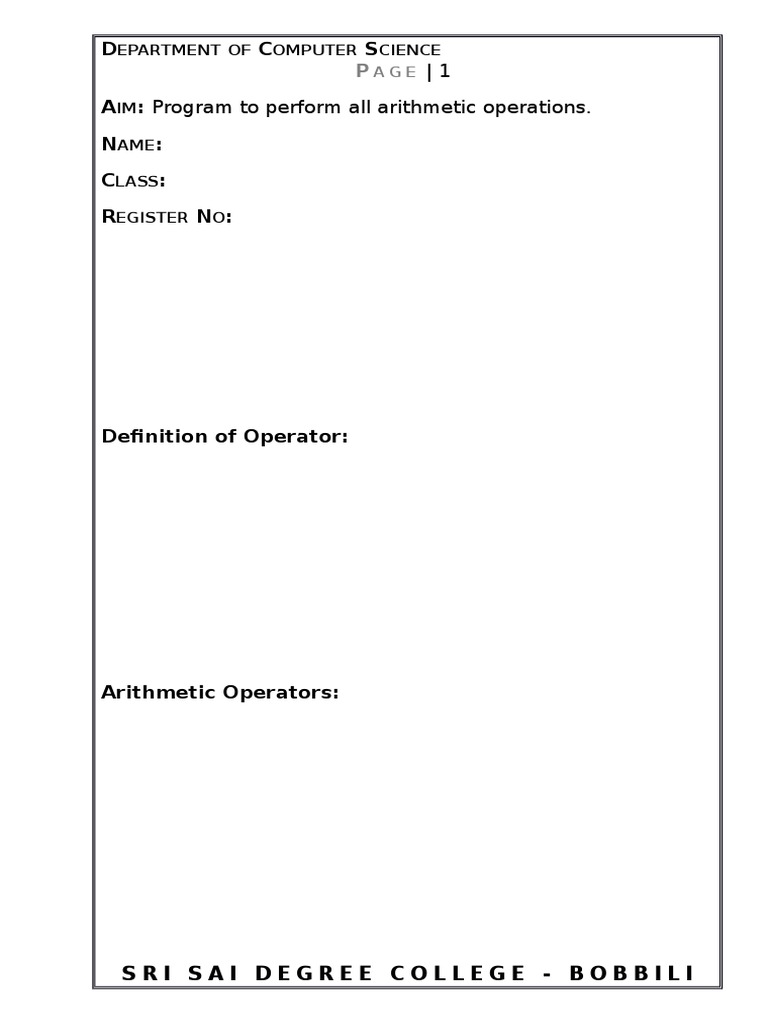 D C S A: Program To Perform All Arithmetic Operations. N: C: R N | PDF ...
