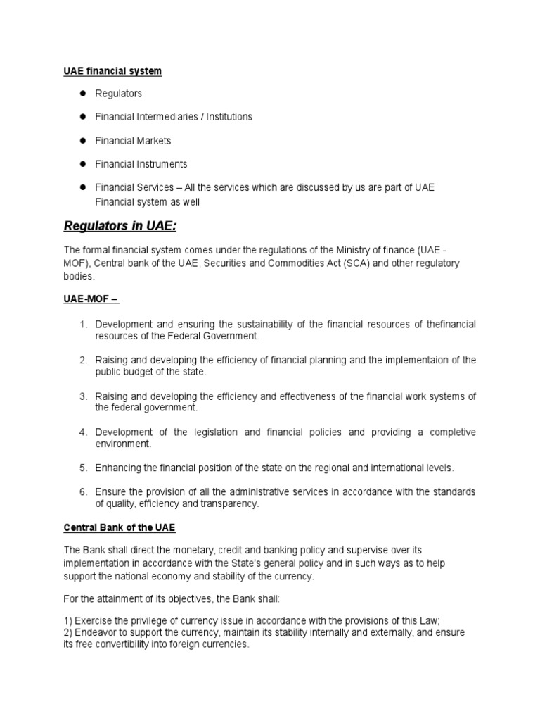 UAE Financial System - Detail Answer | PDF | Banks | Stocks