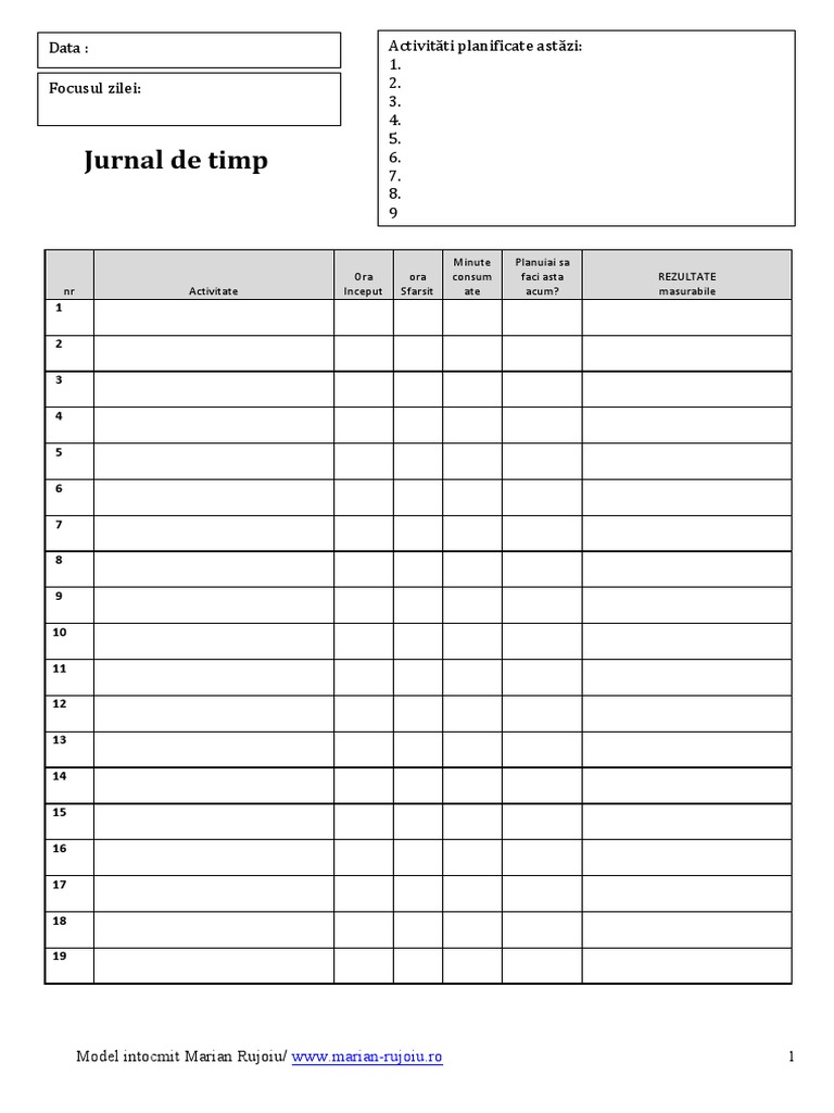 Model Jurnal de Timp Time Management PDF | PDF