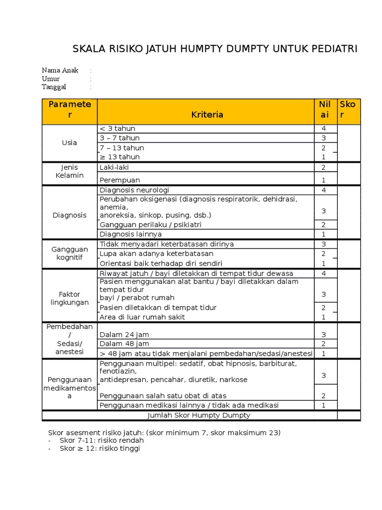 Skala Risiko Jatuh Humpty Dumpty Untuk Pediatri | PDF