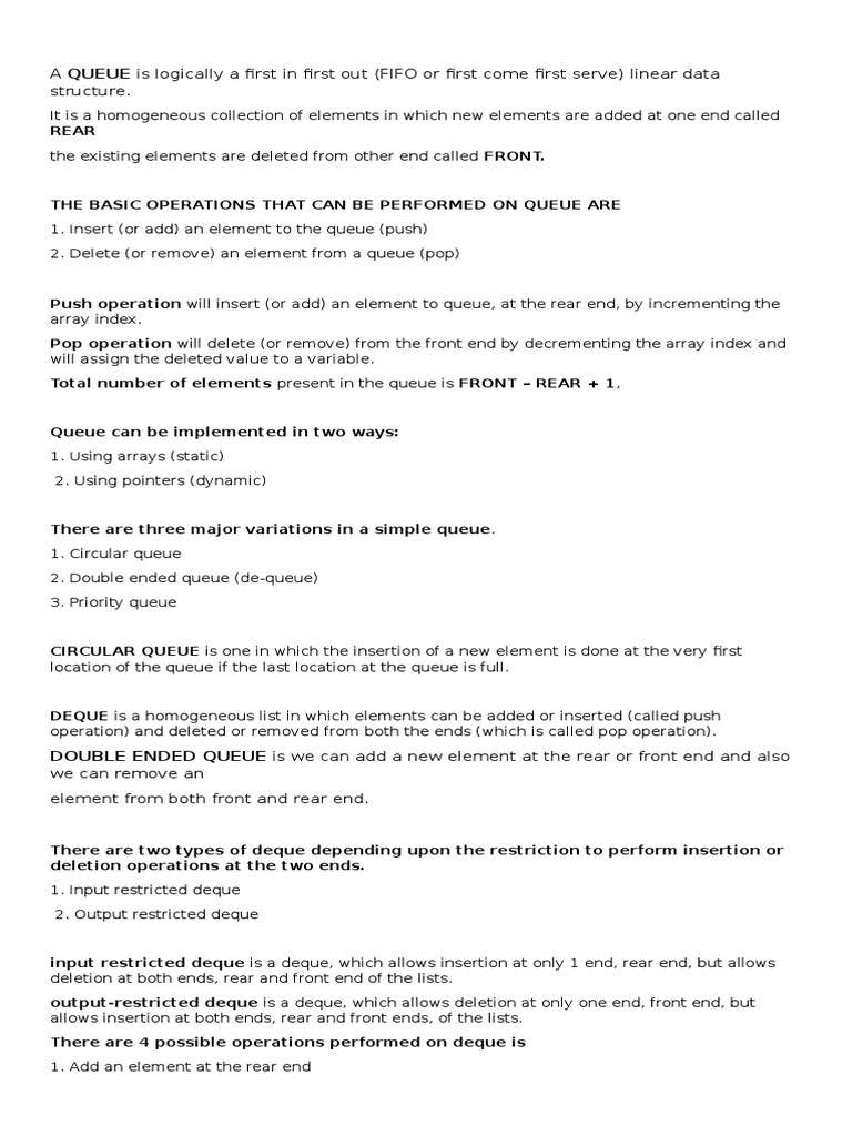 A QUEUE Is Logically A First in First Out (FIFO or First Come First ...