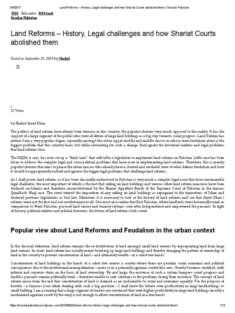 Land Reforms - History, Legal Challenges and How Shariat Courts ...